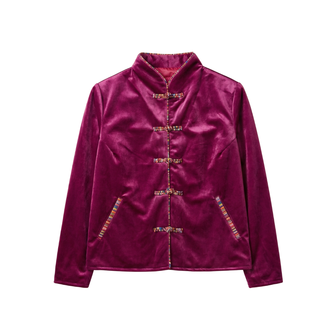 Velvet Cropped Jacket, Dark Pink with Rainbow Piping – Goods of Desire